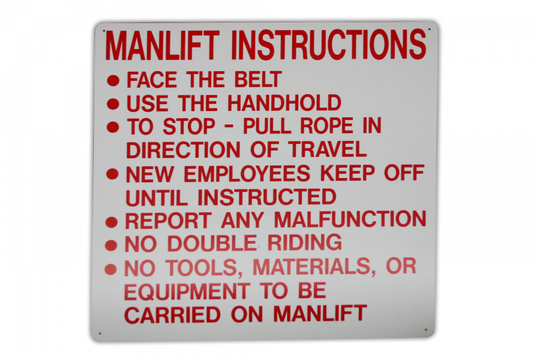 “MANLIFT INSTRUCTIONS, etc.” Manlift Sign - Belt Manlift Sales ...